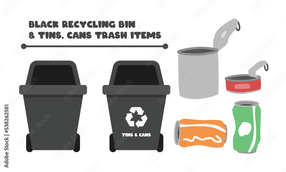 Set of black recycling bin and tin cans trash clipart. Simple black ...