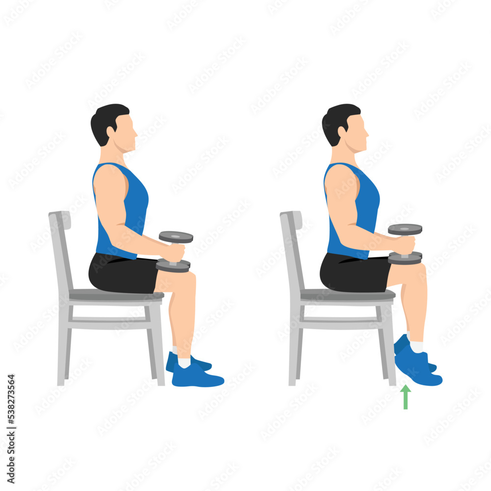 Man doing seated dumbbell or chair calf raises. Keep both legs at a 90 ...