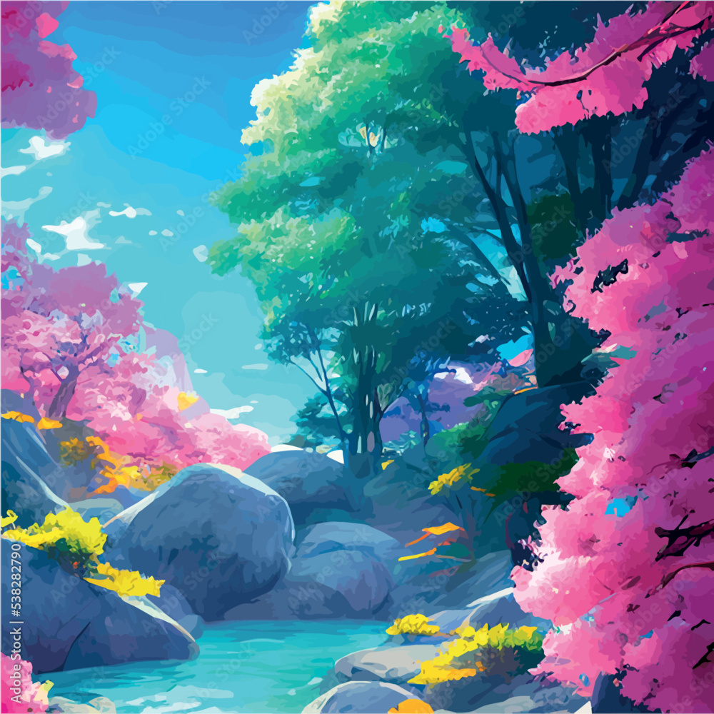 vector illustration. artistic picture Japan volcanic mountains. Asian ...