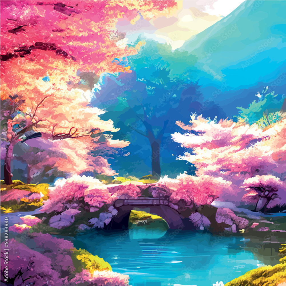 vector illustration. artistic picture Japan volcanic mountains. Asian ...