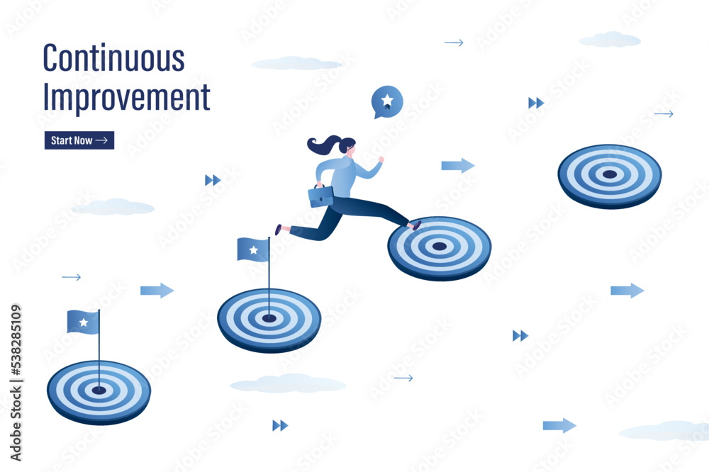 Continuous improvement. Smart businesswoman running and climbs up to ...