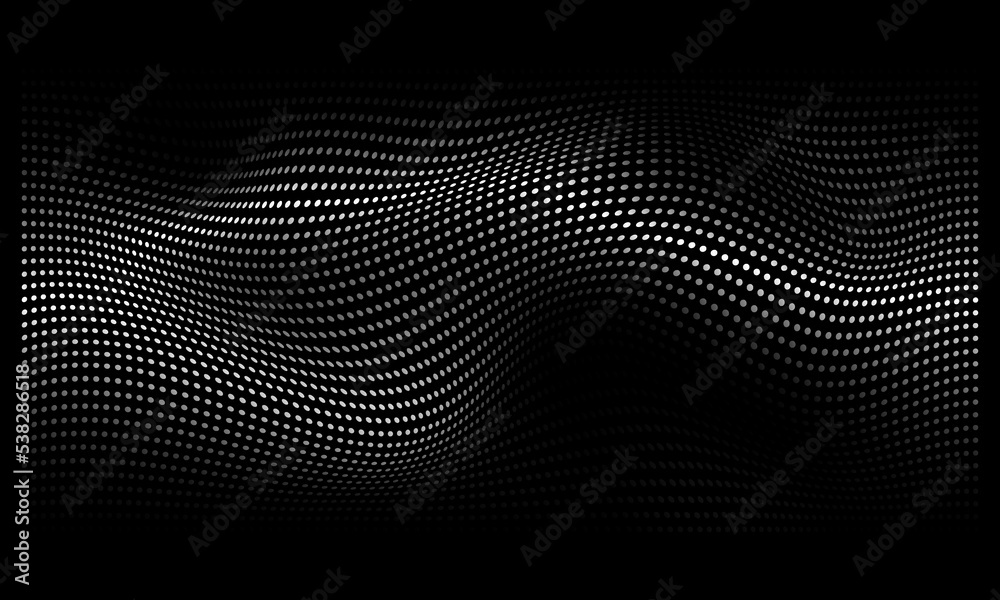 Abstract dark background by dots particles flowing wavy white grey ...