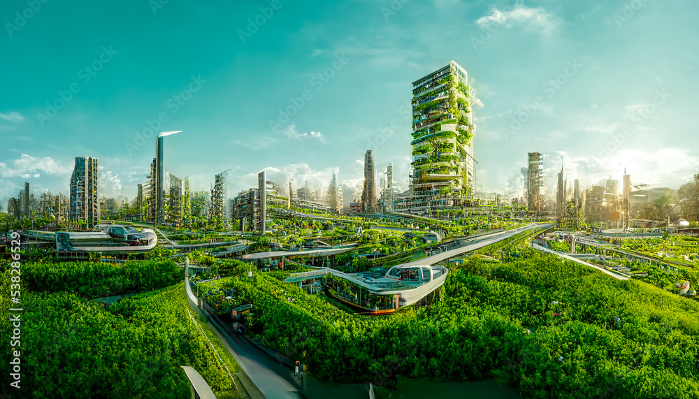 Spectacular eco-futuristic cityscape ESG concept full with greenery ... Spectacular eco-futuristic cityscape ESG concept full with greenery ...