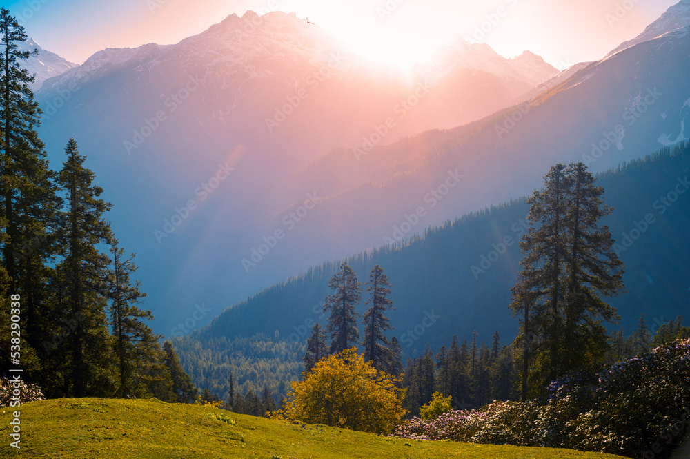 Sunrise in the mountains. These are the scenic meadows of the Parvati ...