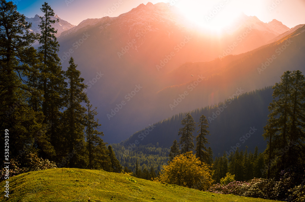 Sunrise in the mountains. These are the scenic meadows of the Parvati ...