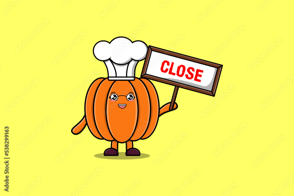 Cute cartoon Pumpkin chef character holding close sign board designs in ...