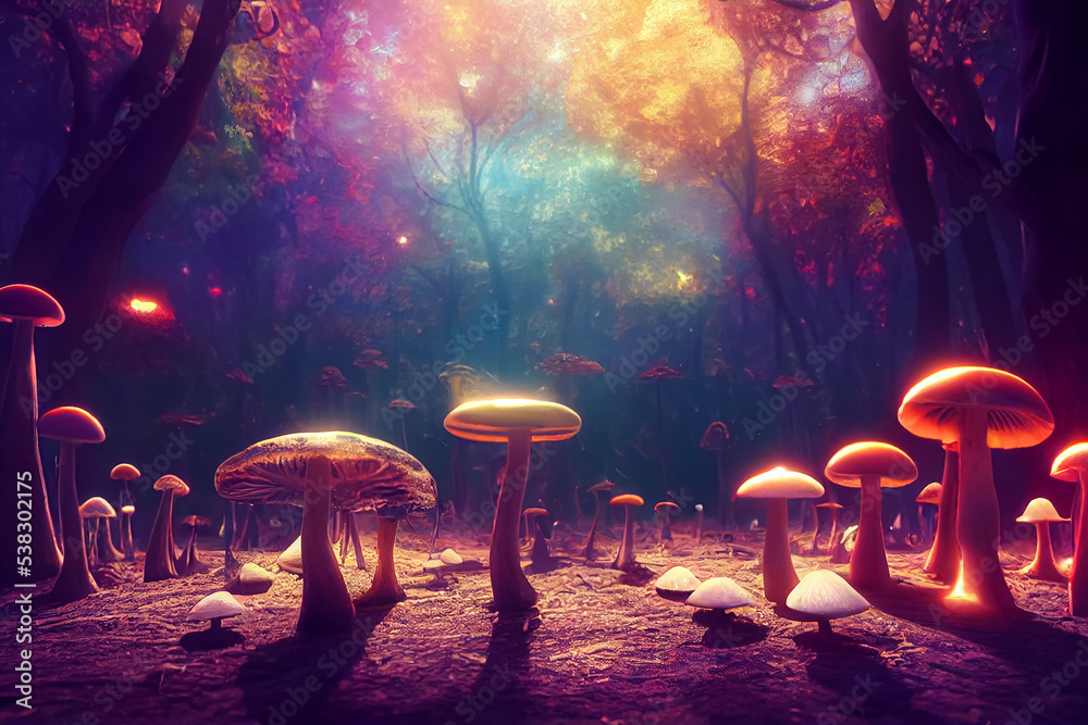 Psilocybin mushrooms in a forest, with colorful lights, hallucination ...