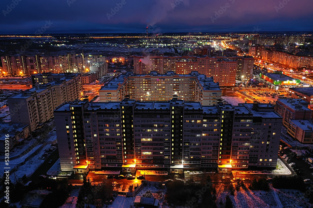 night city top view winter, architecture top roof facade lights Stock ...