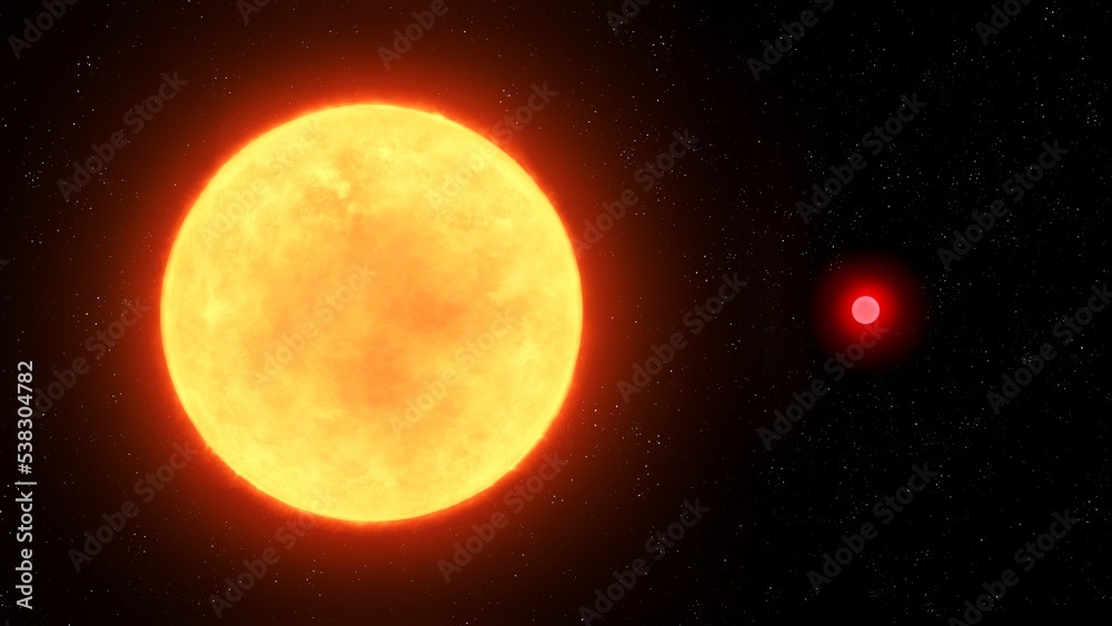 Illustrazione Stock Large yellow and a dwarf red star star on a black ...
