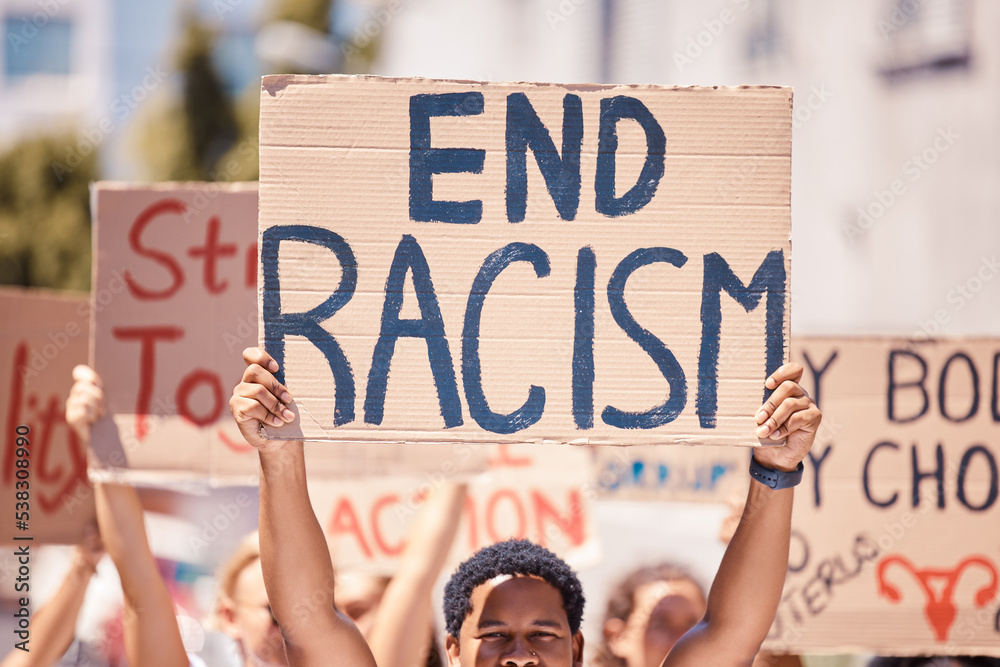 Protest, racism poster and walking people for human rights, black lives ...