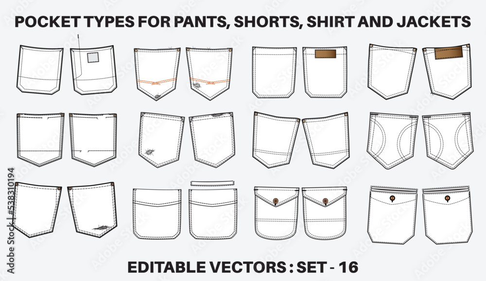 Jeans and denim Patch pocket flat sketch vector illustration set ...
