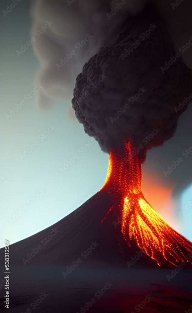 Drawing of an active volcano. Eruption. The mountain. Pillar of ash ...