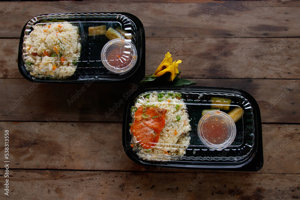 Top view of traditional khmer food packed in single use plastic for ...