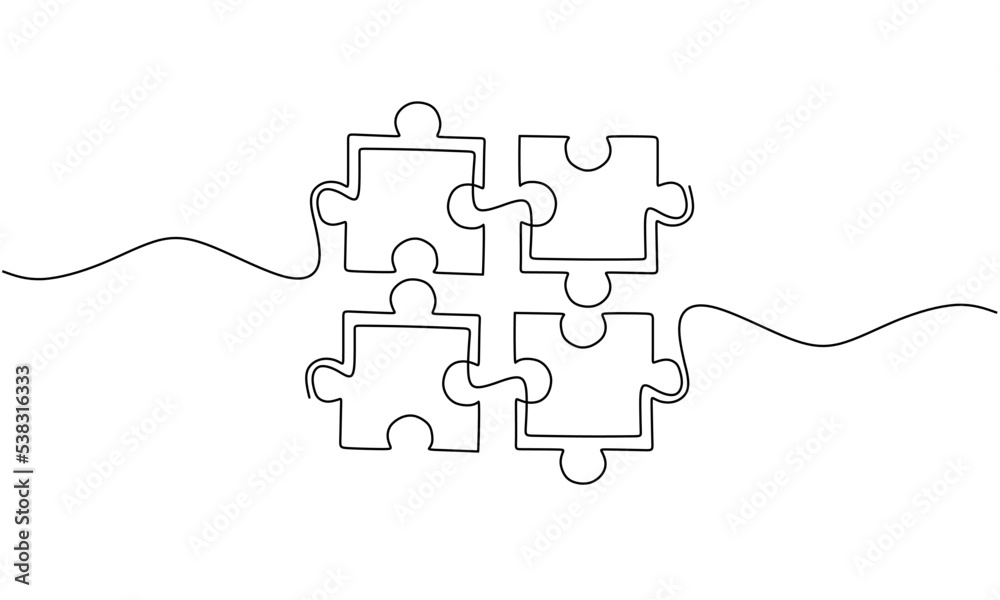 Continuous one line drawing of jigsaws on white background. Puzzle game ...