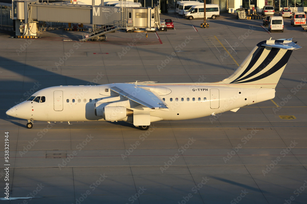 BAe Systems British Aerospace 146 airplane at Munich airport in Germany ...