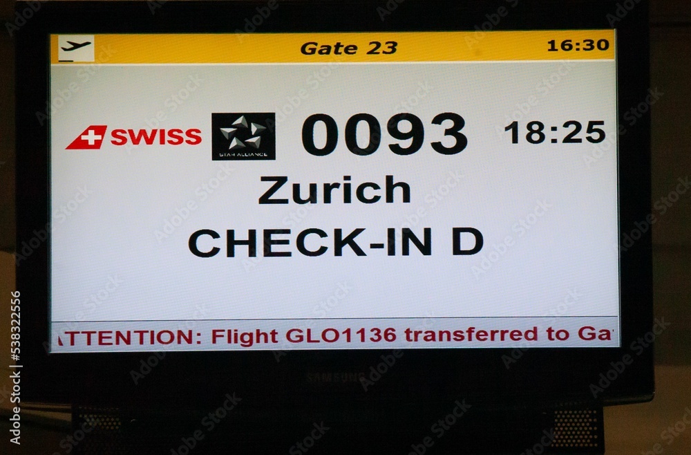 Boarding flight announcement sign in Zurich airport Stock Photo | Adobe ...