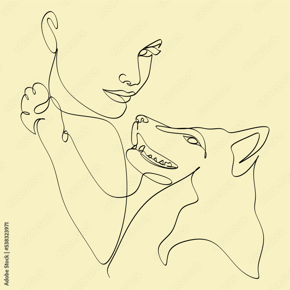 Continuous line drawing of woman happy pet lover with dog. Young female ...