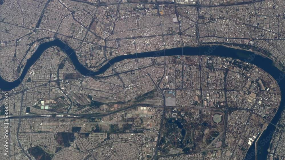 Aerial high altitude plane view of downtown Baghdad also showing the ...