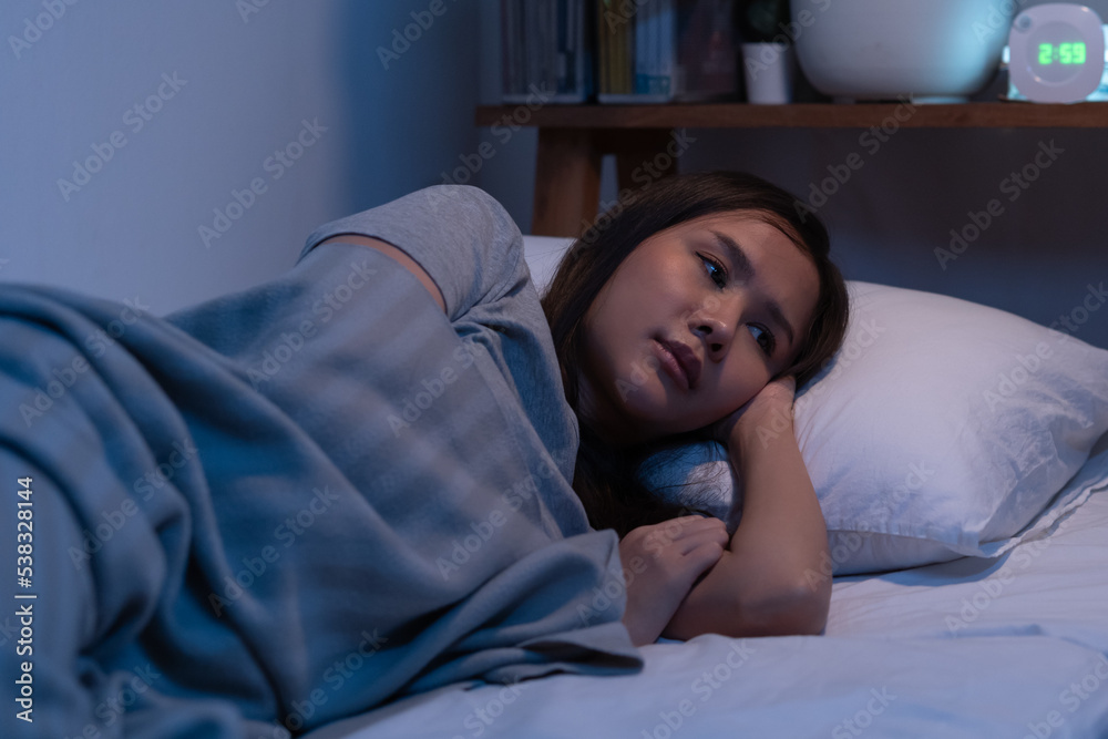 Stressed person. Asleep, sleep asian young woman, girl under blanket ...