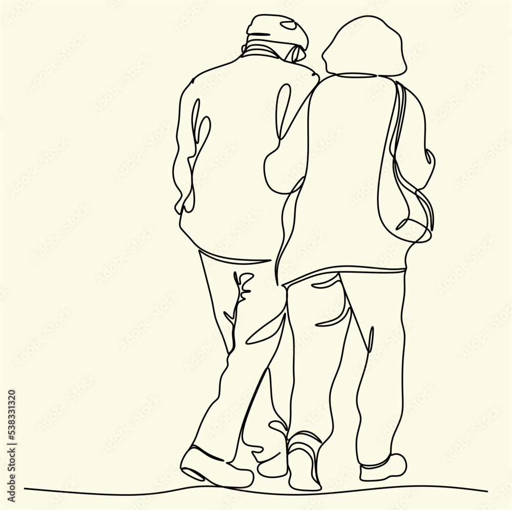 Elderly couple in continuous line art drawing style. Senior man and ...