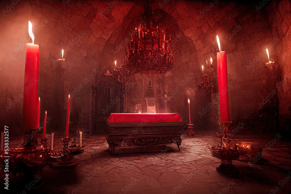 An interior of a Dracula castle, Victorian furniture, and a coffin lit ...