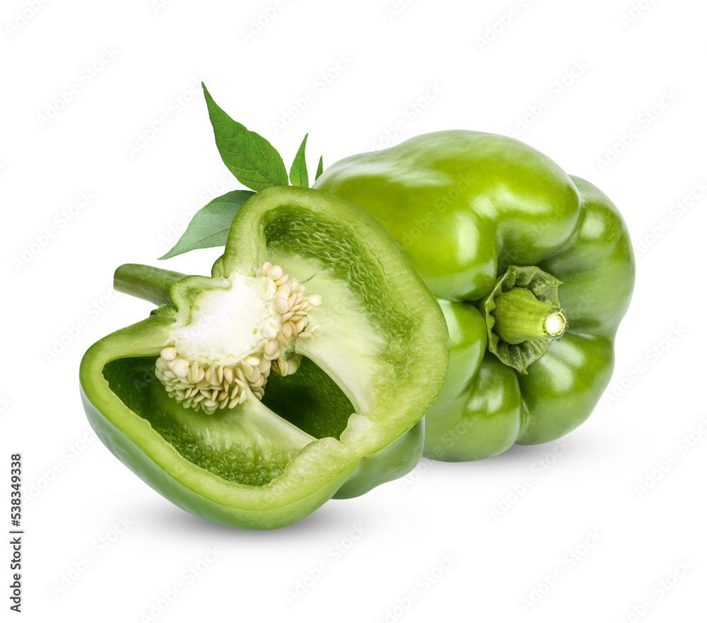 Fresh green sweet pepper with leaves isolated on transparent background ...