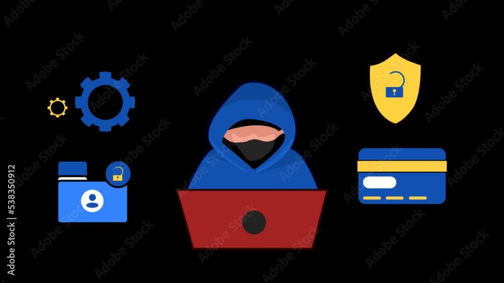 motion animation vector Hacker with laptop computer stealing ...