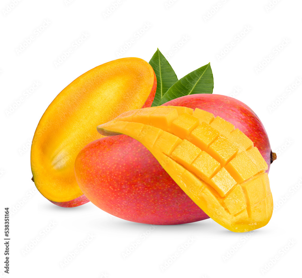 Mango fruit and sliced with leaves isolated on transparent background ...