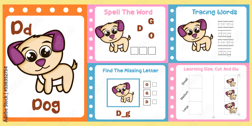 worksheets pack for kids with dog vector. children's study book Stock ...