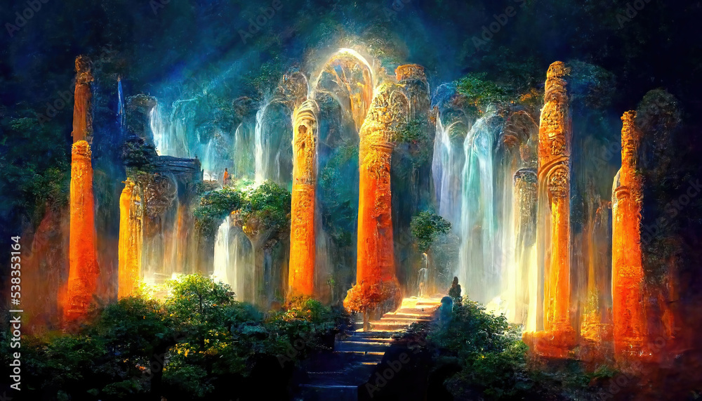 AI generated image of a fantasy Elf city in the forest with trees ...