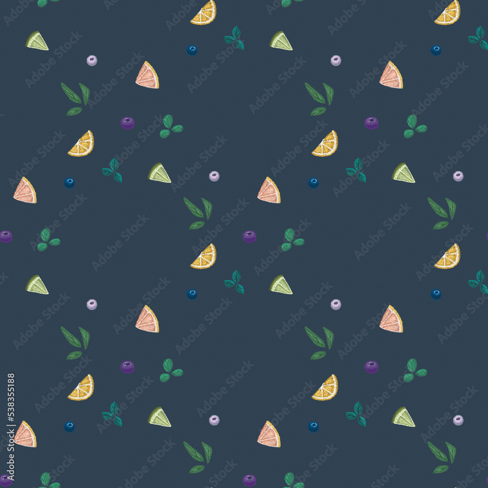 Seamless texture pattern, pastel pattern citrus slices, berries, leaves ...