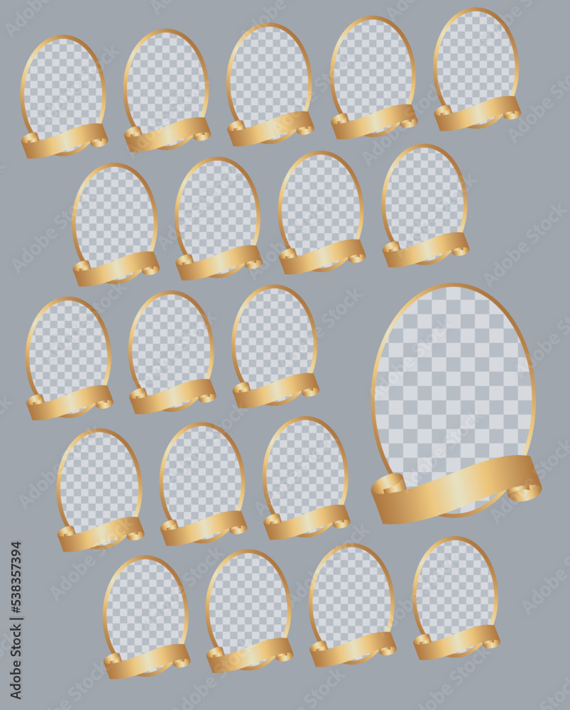 Set of oval photo frames with golden curved ribbons for inscriptions ...
