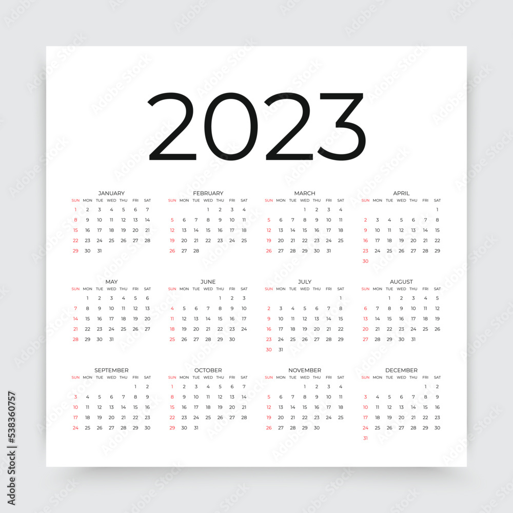 Vetor de Calendar for 2023 year. Calender layout. Week starts Sunday ...