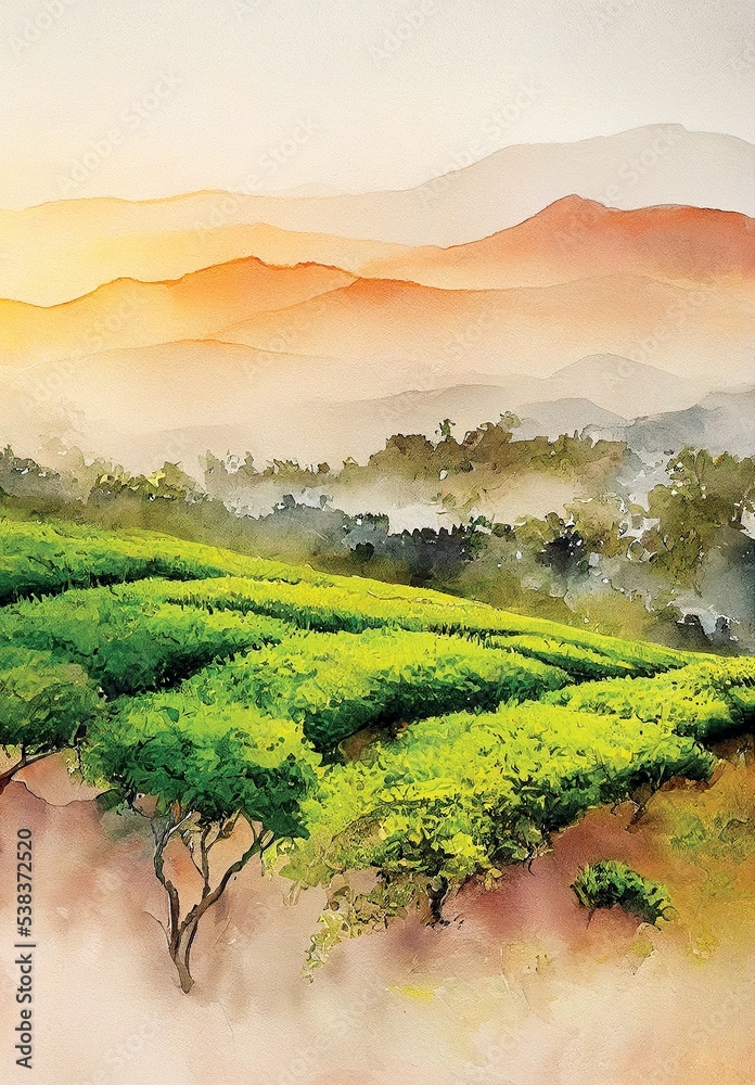 Landscapes of Sri Lanka, tea plantation, abstract watercolor painting ...