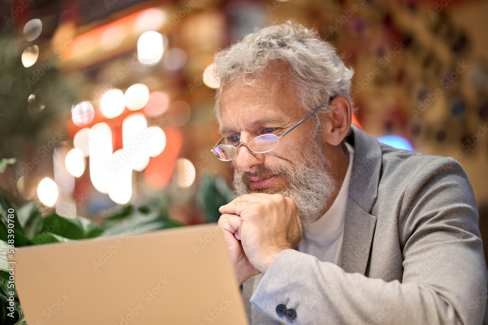 Focused older senior business man office executive wearing eyeglasses looking at laptop. Mature ...