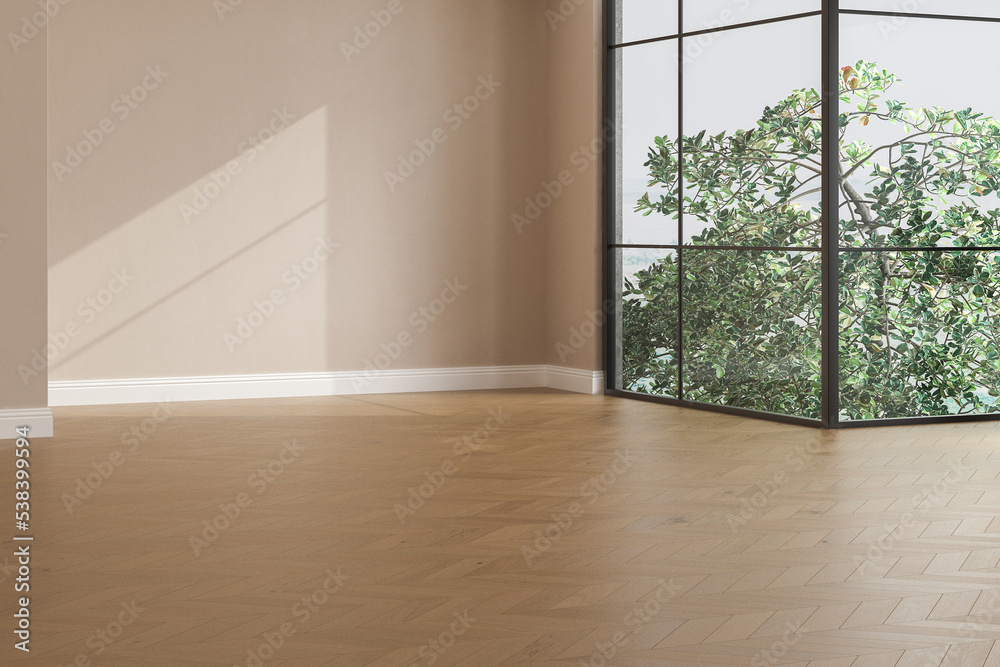 Realistic 3D render of room, beautiful sunlight and window frame shadow ...