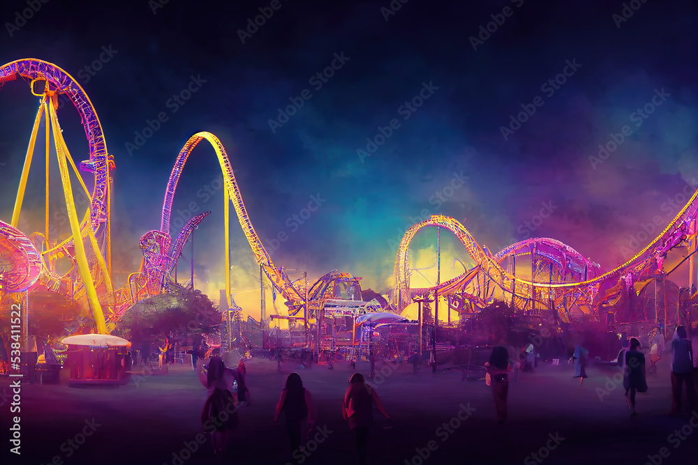 Multi-coloured digital art of retro theme park with roller coasters ...