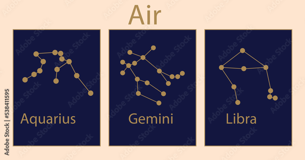 Zodiac air signs. Aquarius gemini and libra. Golden star constellations ...