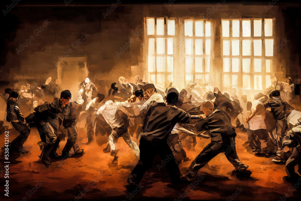 Digital concept art featuring incarcerated felons in a prison brawl ...