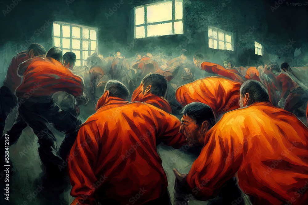 Dramatic fight between prisoners in jail in a cinematic concept art ...
