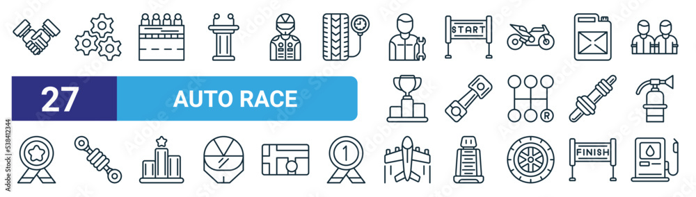 set of 27 outline web auto race icons such as handshake, cogs ...