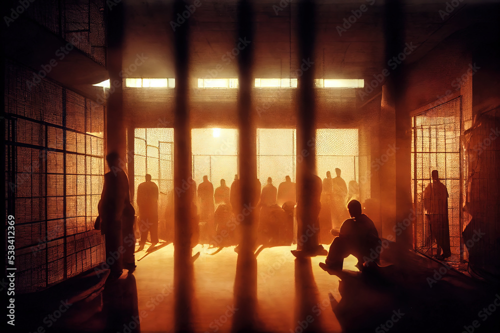 Prison inmates sitting and standing in jail cells. Felons and criminals ...