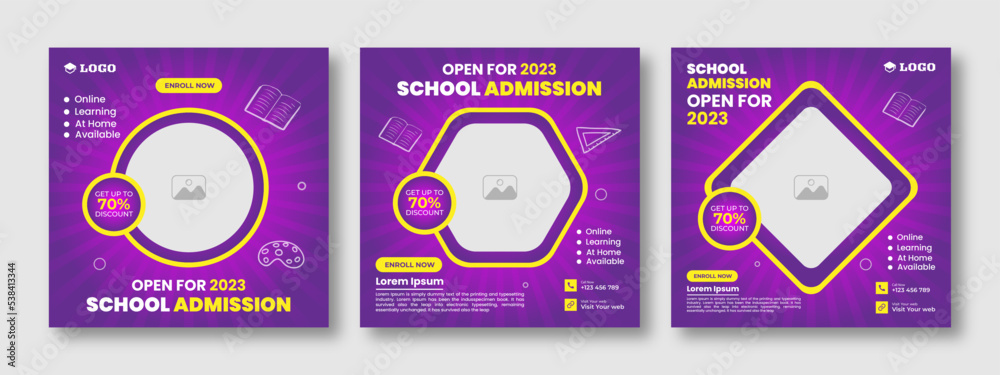 Purple color School admission square banner. Suitable for back-to ...