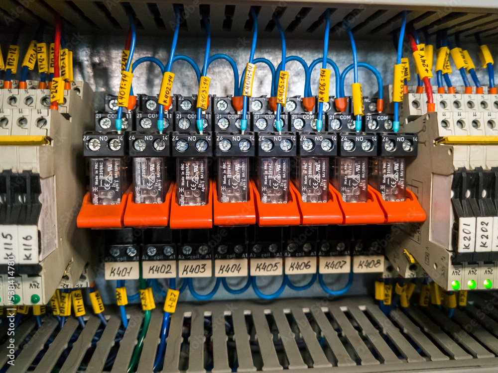 Foto de Row of relays installed in electrical cabinet of automation ...