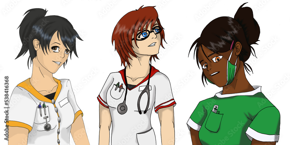 Three female nurses - hand drawn illustrated clipart in manga comic ...