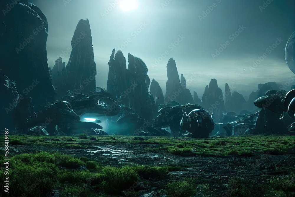 Alien Planet sci-fi outer space encounter wallpaper 3D Illustration ...