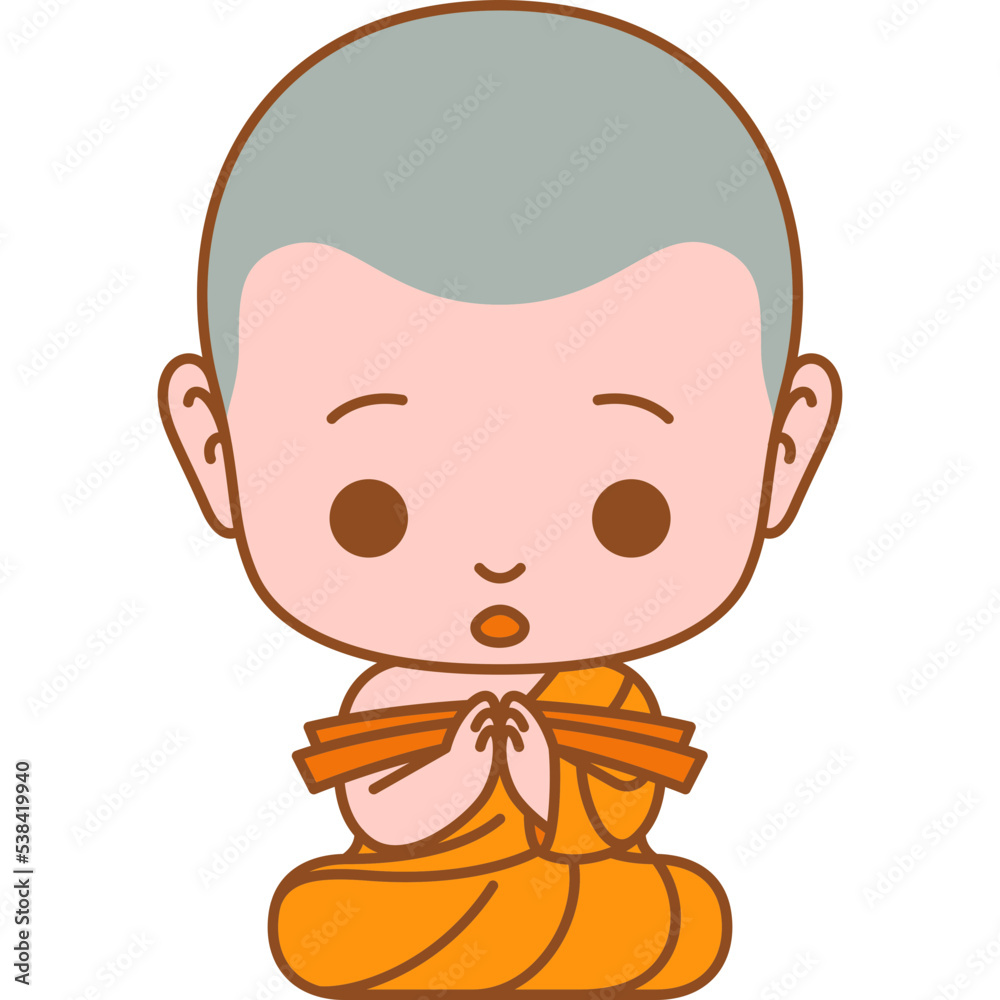cute monk reading and doing meditate colored line art illustration for ...