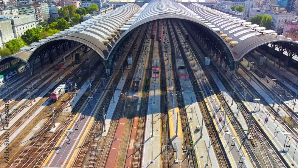 Aerial view of the station. Trains arrive at the station. An old wide ...