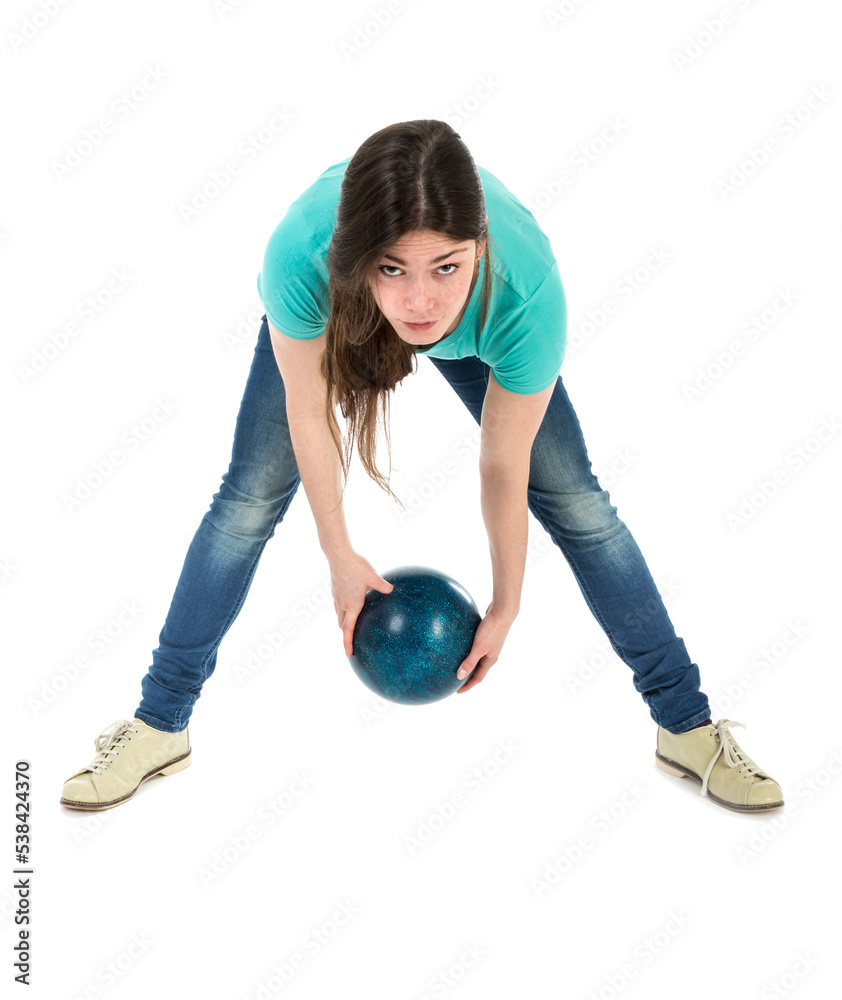 Woman is throwing a bowling ball at a simplistic way isolated on ...