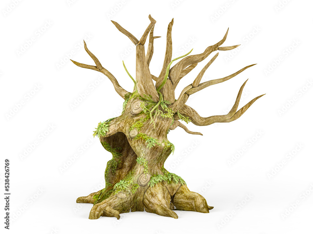Scary dead tree with creeping plant isolated on white background, 3D ...